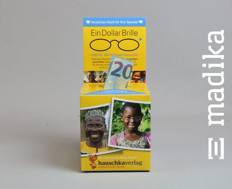 Spendenbox zum wieder Öffnen bedrucken lassen auf madika.de